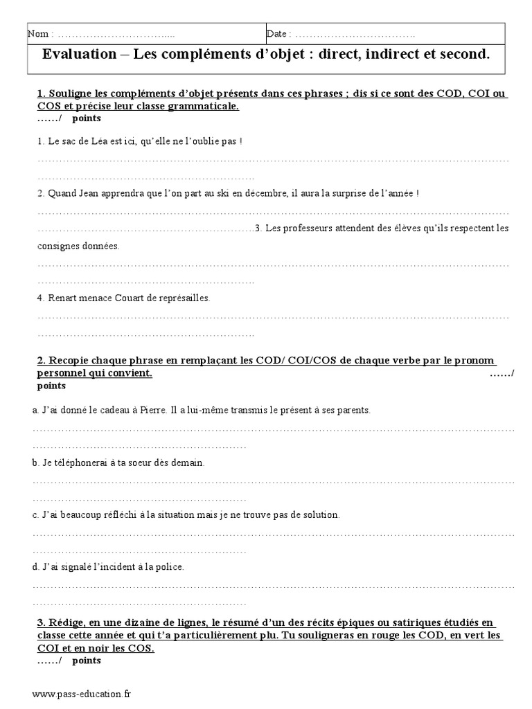 Compléments D'objet Direct Indirect Et Second 5ème Evaluation | PDF ...