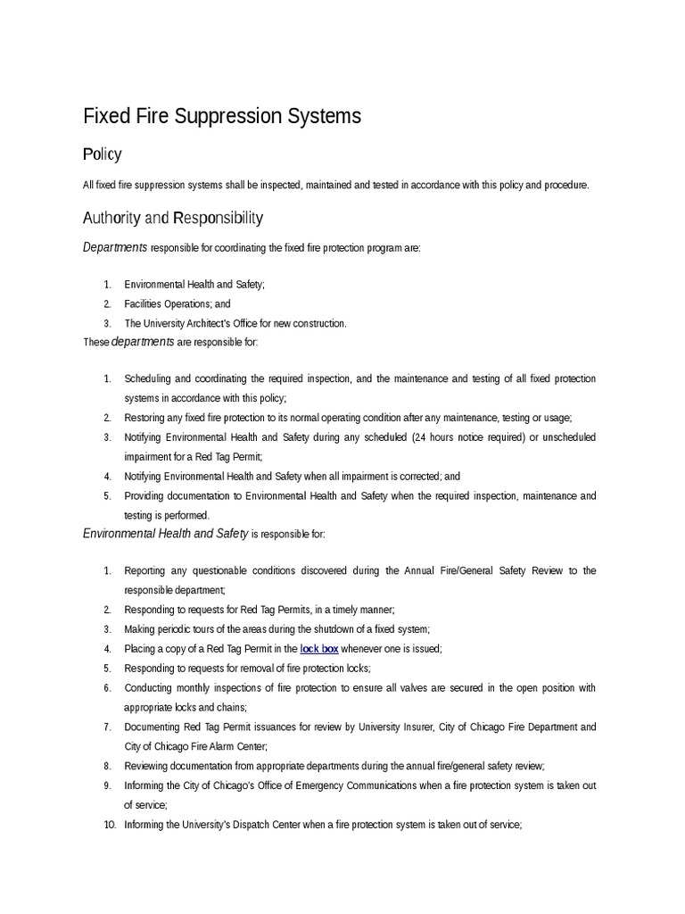 Fixed Fire Suppression Systems Testing Schedule | Fire Sprinkler System ...
