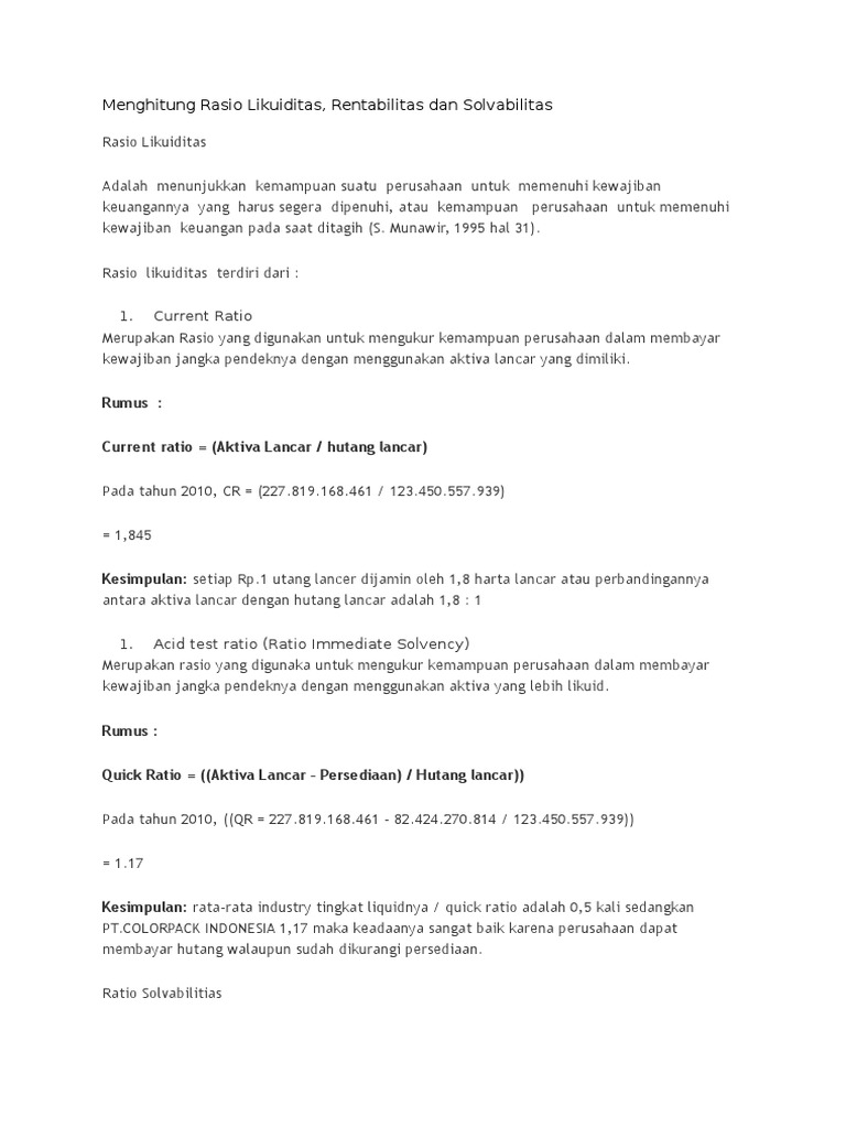 Menghitung Rasio Likuiditas, Solvabilitas, Rentabilitas | PDF
