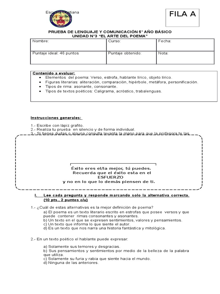 Prueba de Poesía 5° Básico | PDF | Rima | Poesía