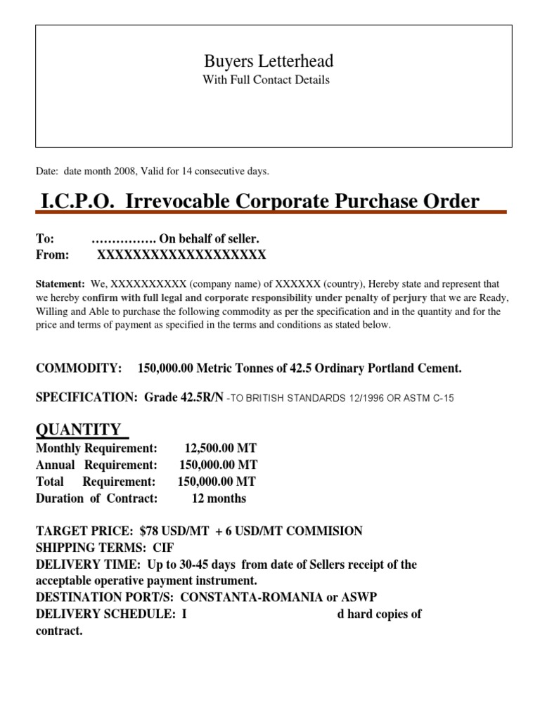I.C.P.O. Irrevocable Corporate Purchase Order: Buyers Letterhead | PDF ...