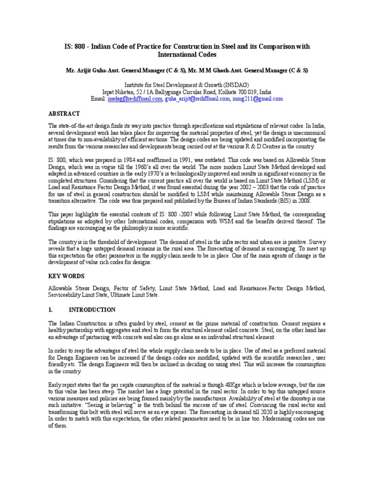 Is 800 - Comparison With International Codes | PDF | Strength Of ...