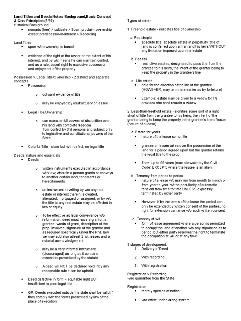 Land Titles and Deeds Notes | PDF | Fee Simple | Deed