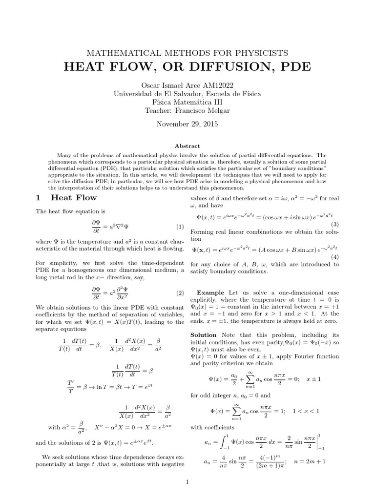 Heat Flow, or Diffusion, Pde | PDF | Partial Differential Equation | Equations