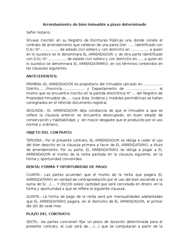 Arrendamiento de Bien Inmueble A Plazo Determinado | PDF | Alquiler | Pagos