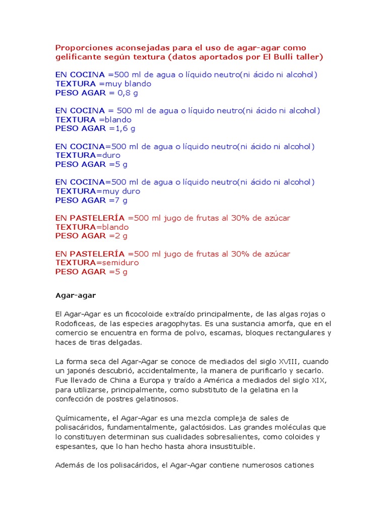Proporciones recomendadas y usos del agar-agar como gelificante según ...