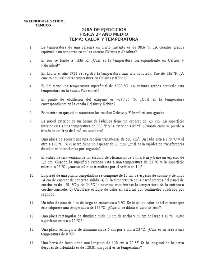 GUIA de EJERCICIOS Calor y Temperatura | PDF | Fahrenheit | Calor