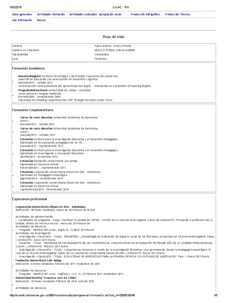 Hoja de Vida. CVLAC | Lectura (proceso) | Universidad