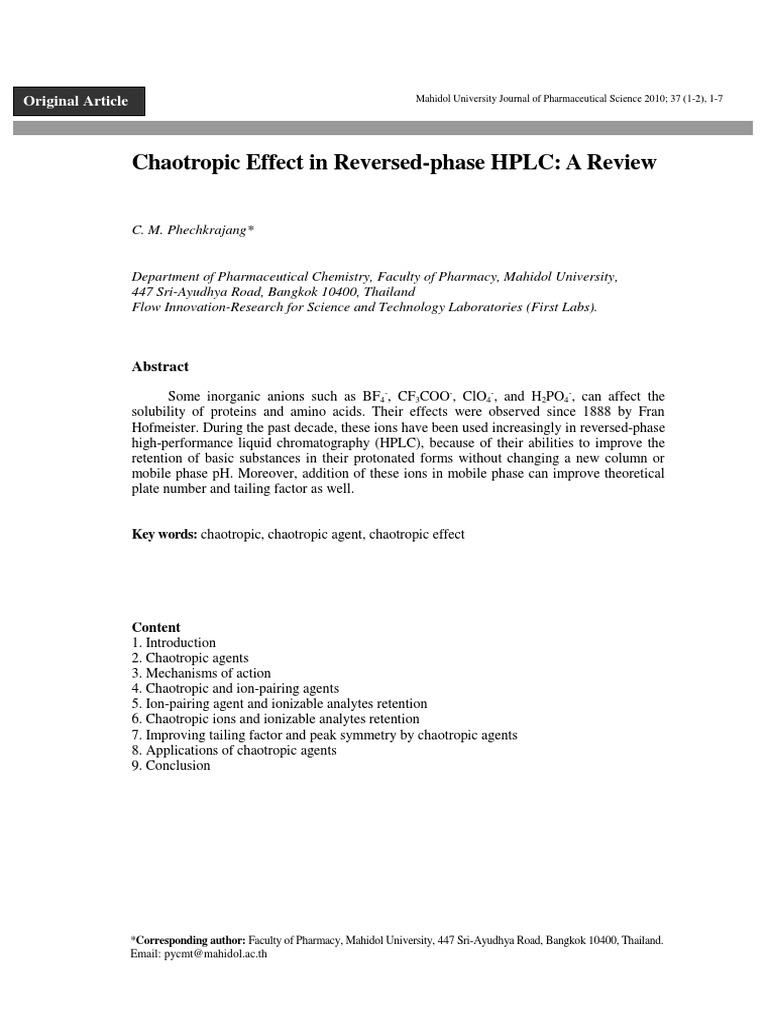Chaotropic Effect in HPLC | PDF | High Performance Liquid Chromatography | Chromatography