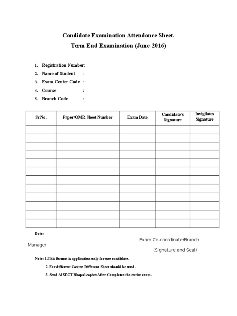 Candidate Examination Attendance Sheet | PDF | Test (Assessment ...