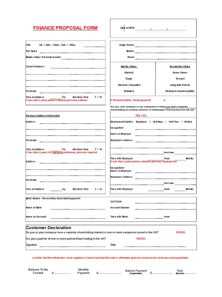 Motor Finance Proposal Form | PDF