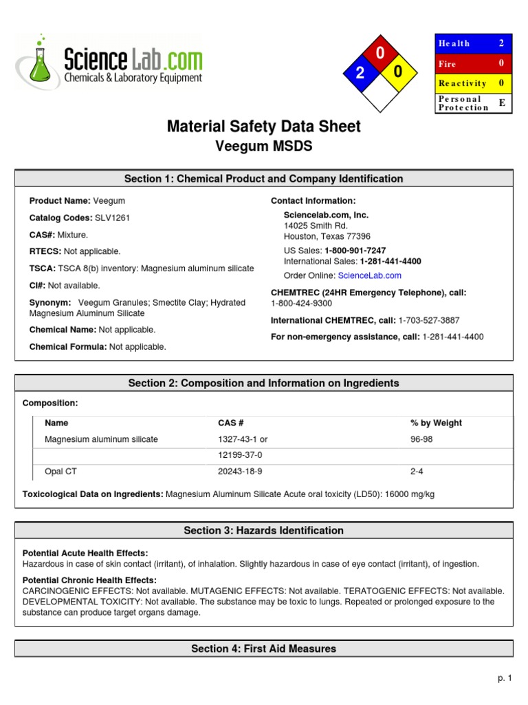 Veegum MSDS: Section 1: Chemical Product and Company Identification ...