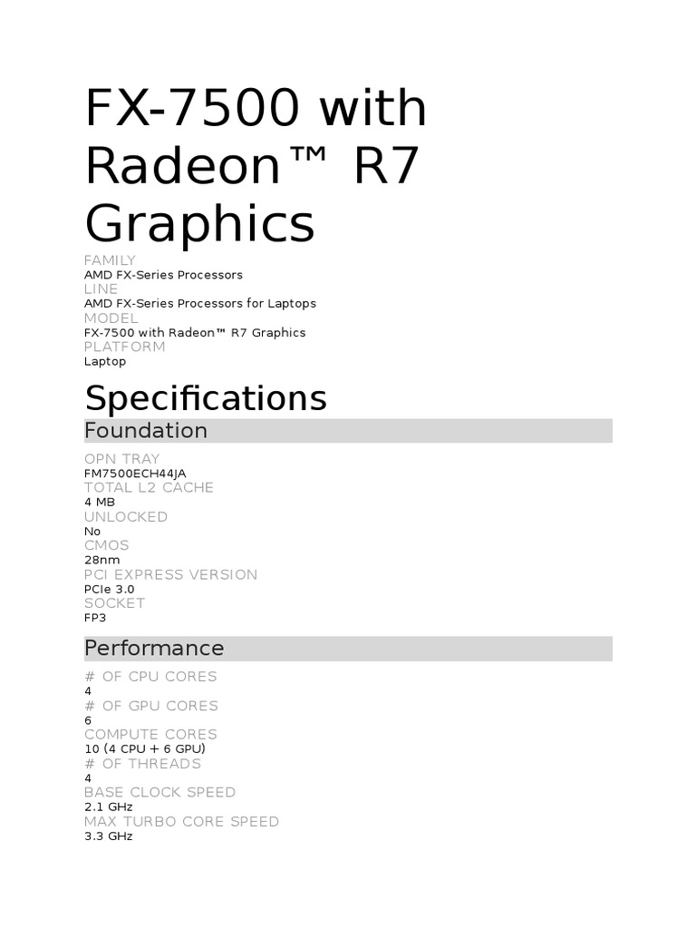 FX-7500 With Radeon™ R7 Graphics: Specifications | PDF