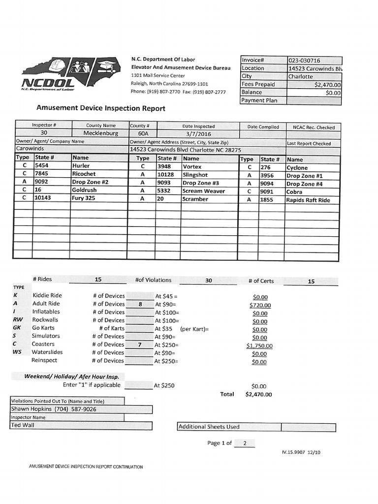 North Carolina State Inspection Report For Carowinds Rides | PDF