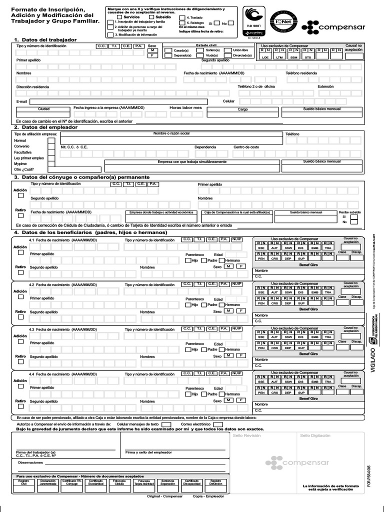 Formulario Afiliacion Compensar EPS | Salario mínimo | Salario