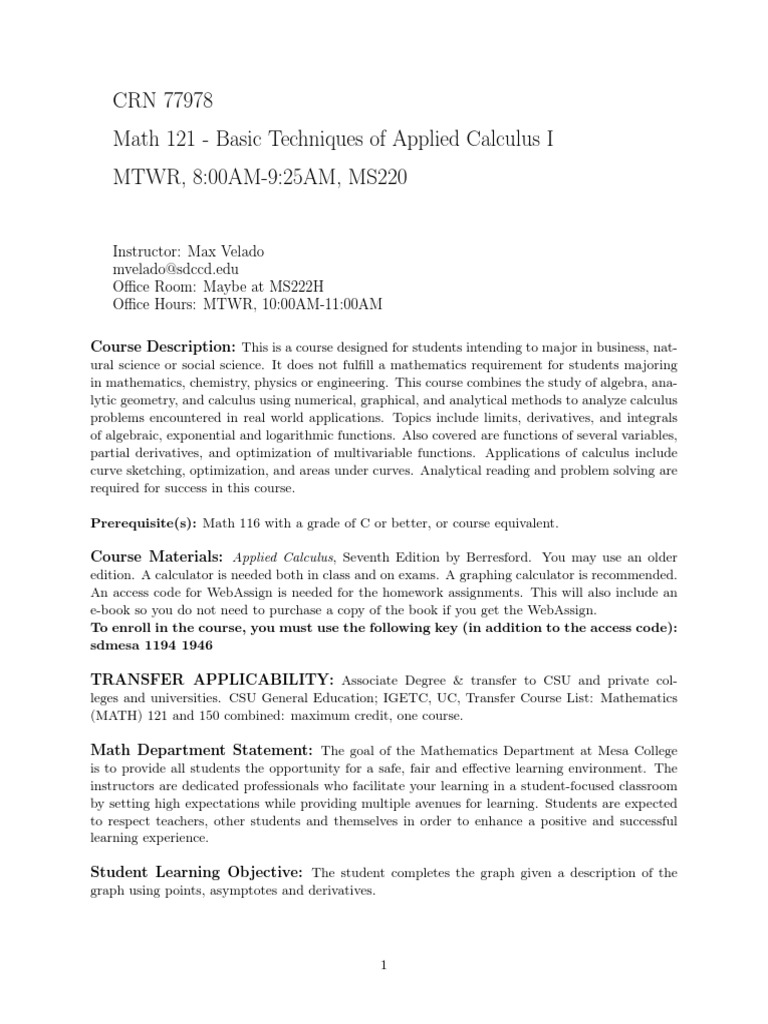 Math 121 Syllabus | PDF | Exponential Function | Calculus