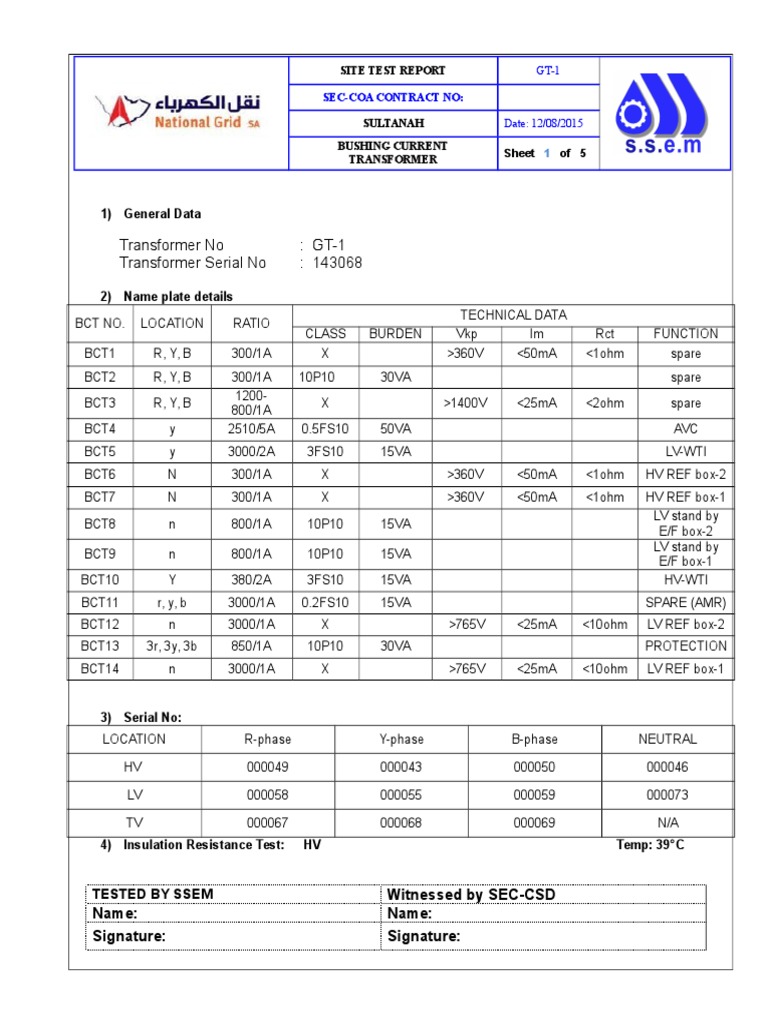 GT - 1 Bushing Current Transformer Ir Test Report | PDF | Electric ...