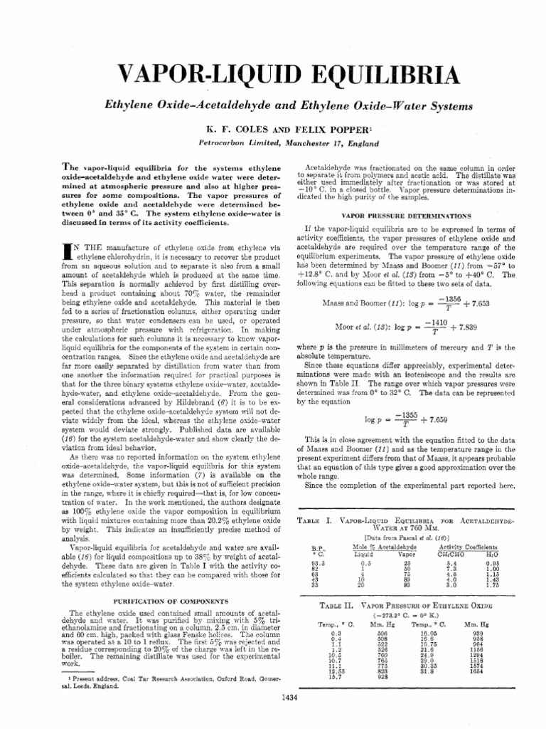 Vapor-Liquid Equilibria. Ethylene Oxide - Acetaldehyde and Ethylene Oxide - Water Systems | PDF ...