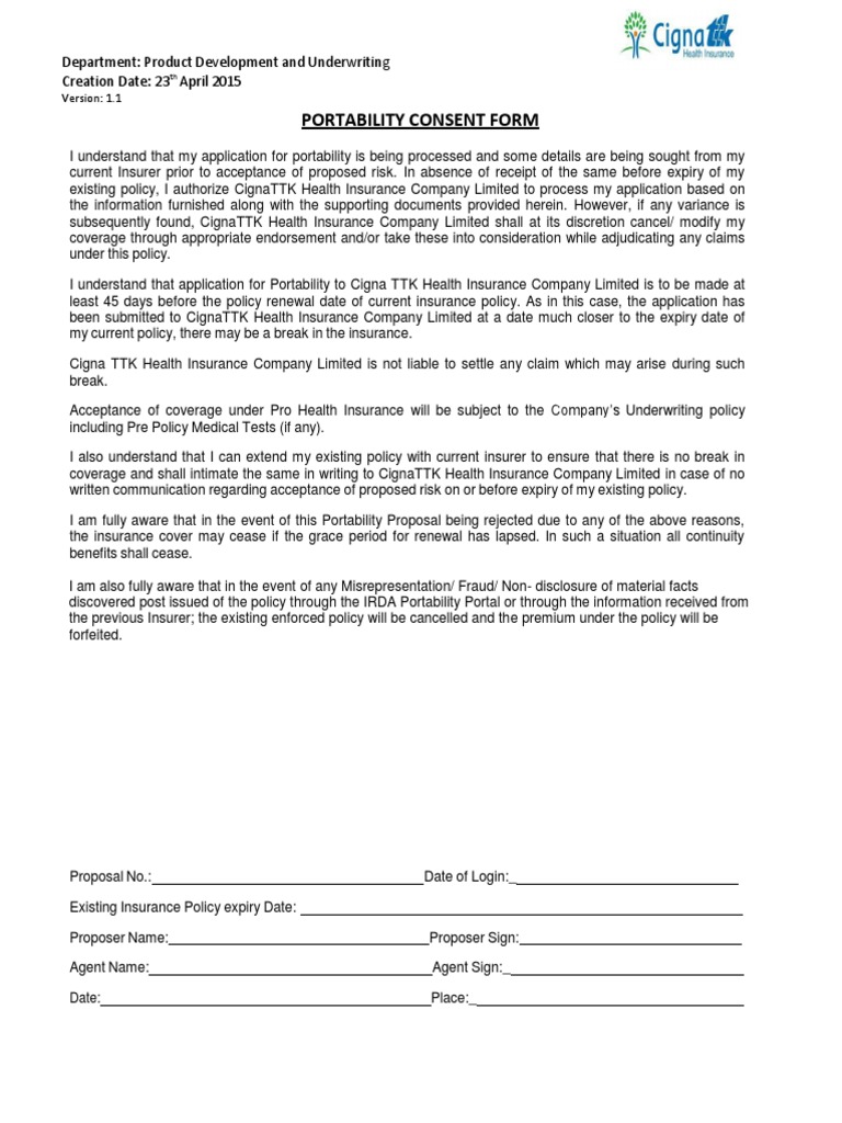Portability Consent Form for Insurance | PDF