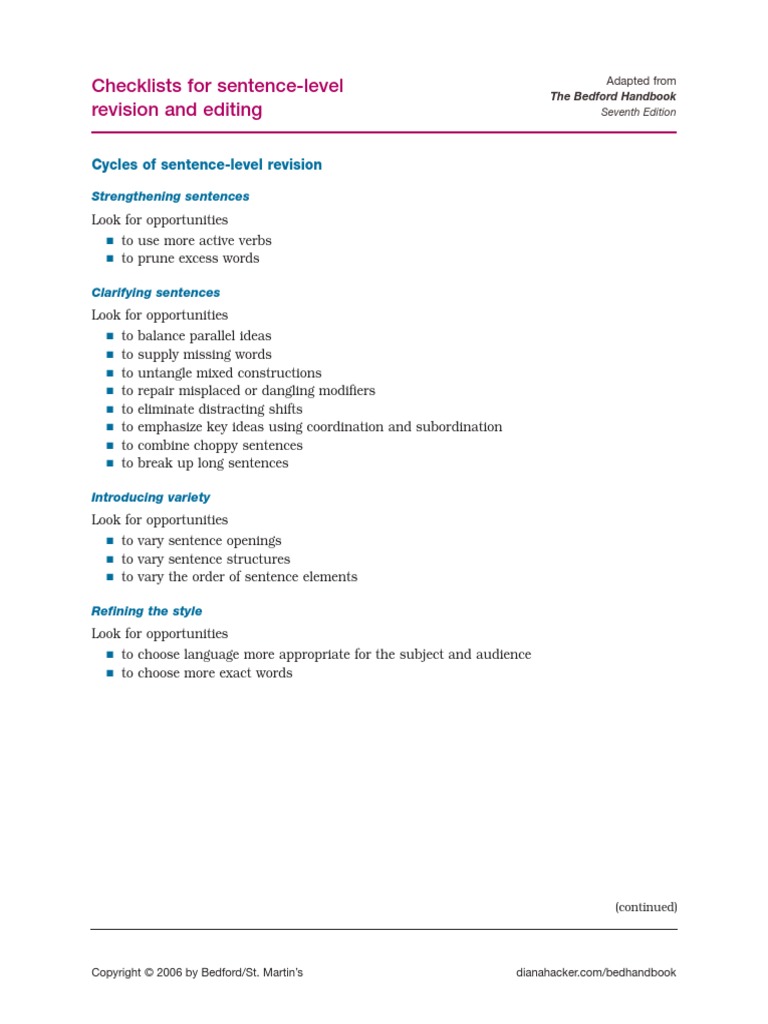 Sentence Level Revision Checklist 1 | PDF