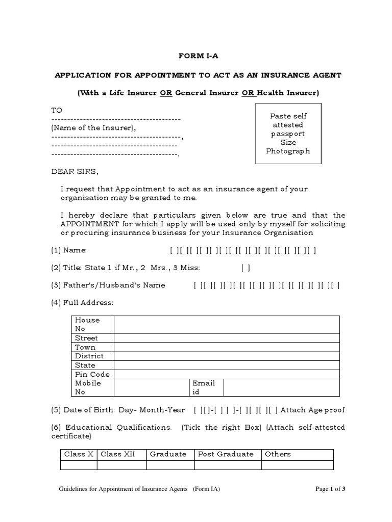 Form I-A Application For Appointment To Act As An Insurance Agent (With ...