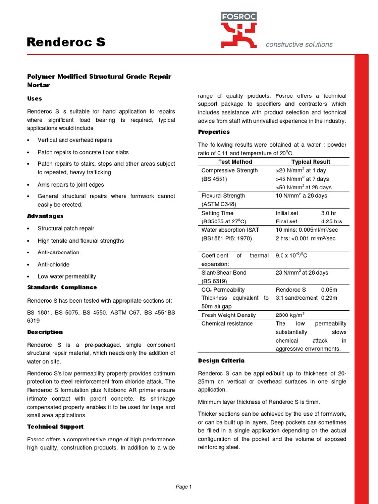 Renderoc S: Polymer Modified Structural Grade Repair Mortar | PDF | Epoxy | Concrete