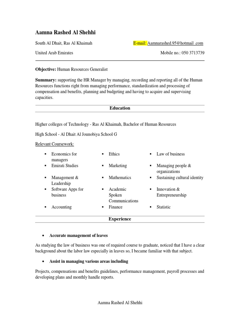 Aamna Rashed Al Shehhi CV | PDF | Business