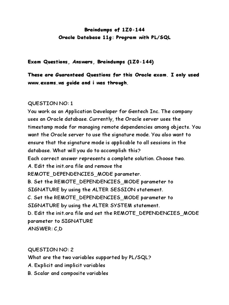 Oracle Database 11g: Program with PL/SQL Exam Questions, Answers, Braindumps (1Z0-144 | PDF | Pl ...