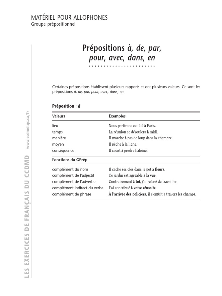 Exercices de prépositions pour allophones | PDF | Adposition | Phrase