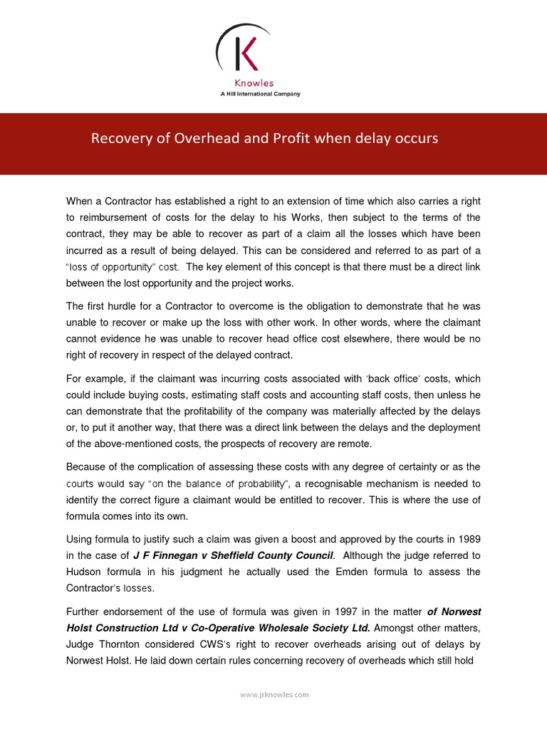 Overhead Recovery in Construction Delays | PDF | Burden Of Proof (Law ...