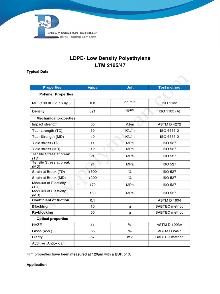 LDPE-Low Density Polyethylene LTM 2185/47: Typical Data | PDF ...