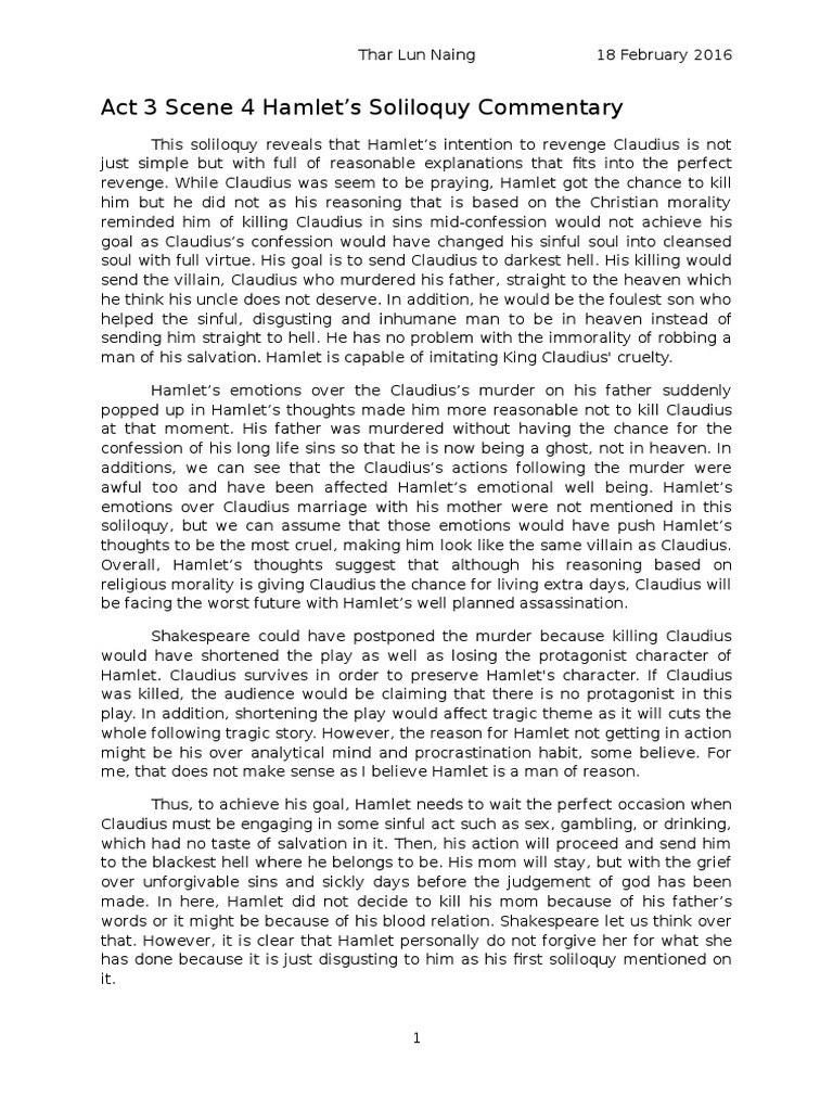 Act 3 Scene 3 Hamlet's Soliloquy Commentary | Hamlet | Religion And Belief