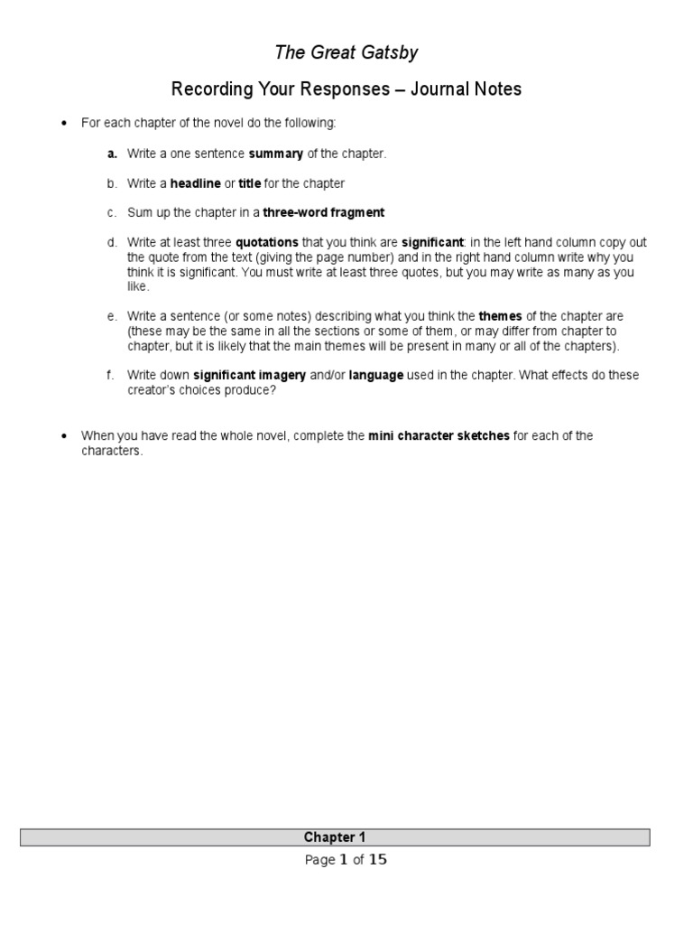 Journal Writing - The Great Gatsby | PDF