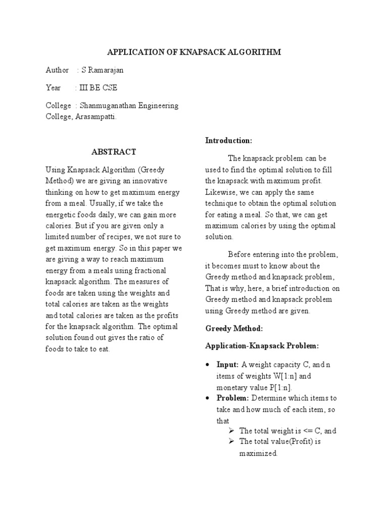 Application of Knapsack Algorithm | PDF | Profit (Accounting) | Applied Mathematics
