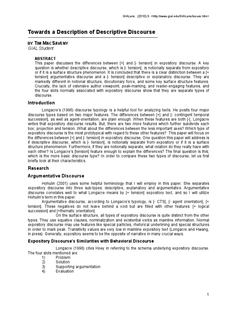 Tim MacSaveny Description of Descriptive Discourse | PDF | Rhetoric ...