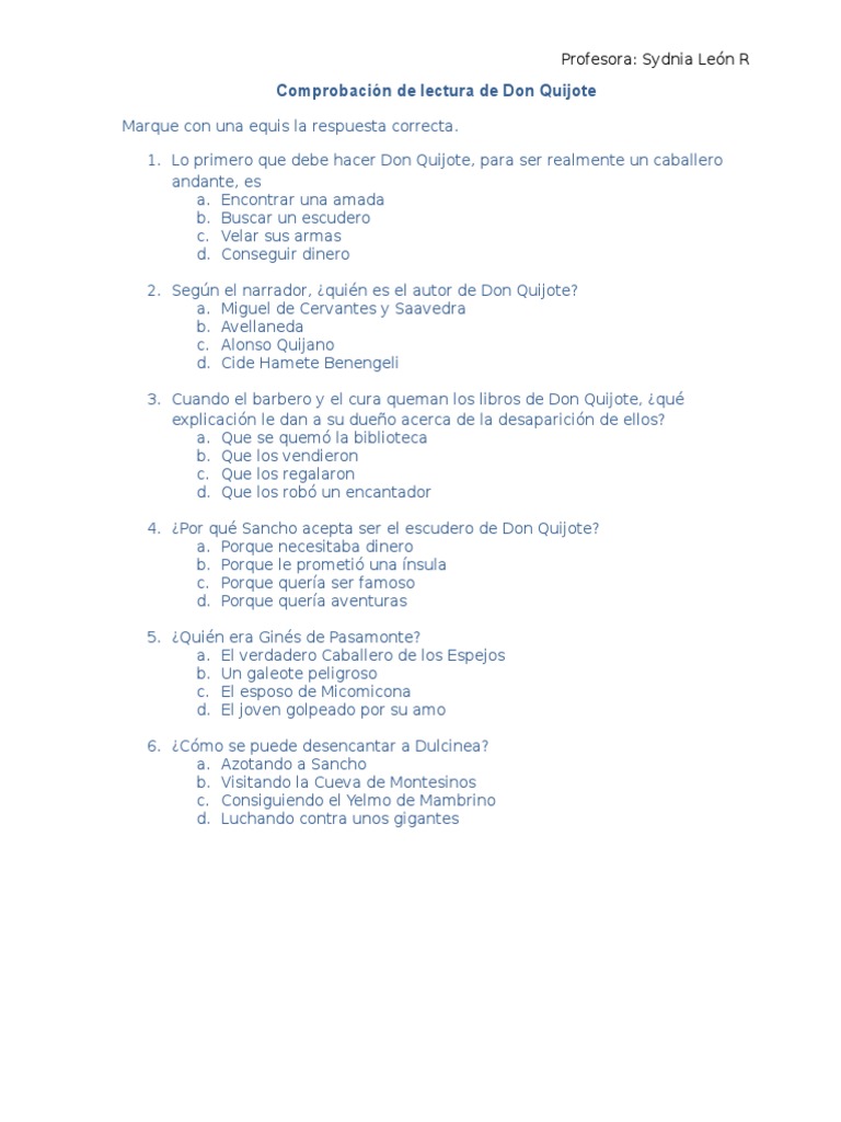 Comprobación de Lectura Del Don Quijote | PDF | Don Quijote | Don ...