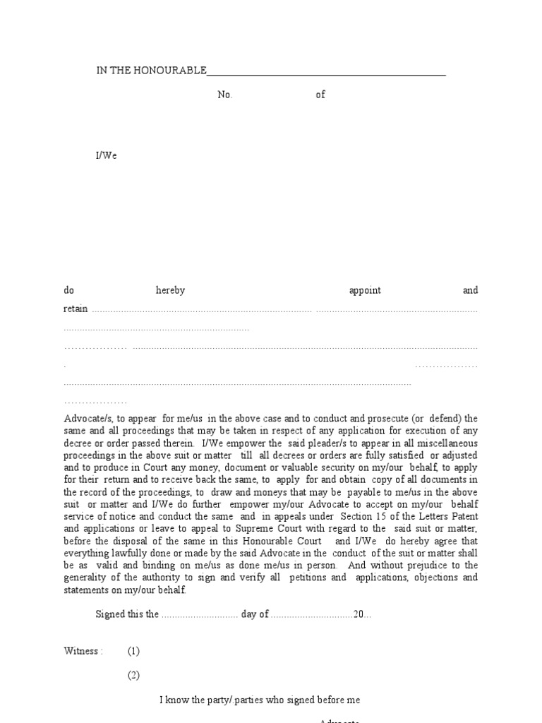 Vakalatnama Format for Legal Representation | PDF | Advocate | Lawsuit