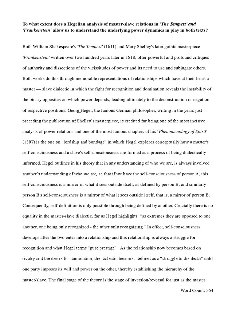 A Hegelian Analysis of Shelley's Frankenstein and Shakespeare's The ...