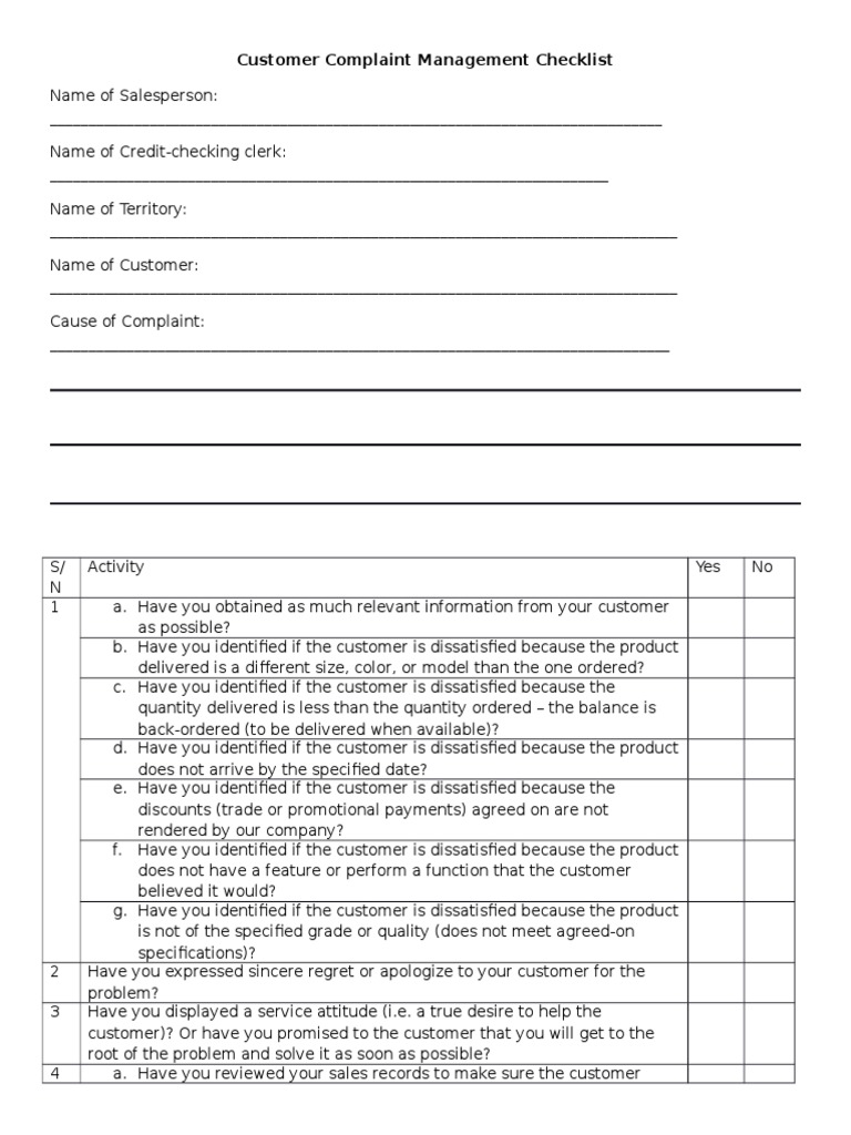 Customer Complaint Management Checklist | Sales | Complaint