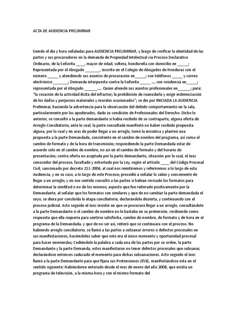 Acta de Audiencia Preliminar | PDF | Evidencia (ley) | Demanda judicial