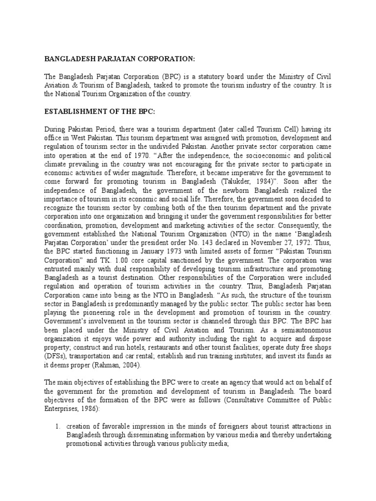 Bangladesh Parjatan Corporation Overview | PDF | Bangladesh | Tourism