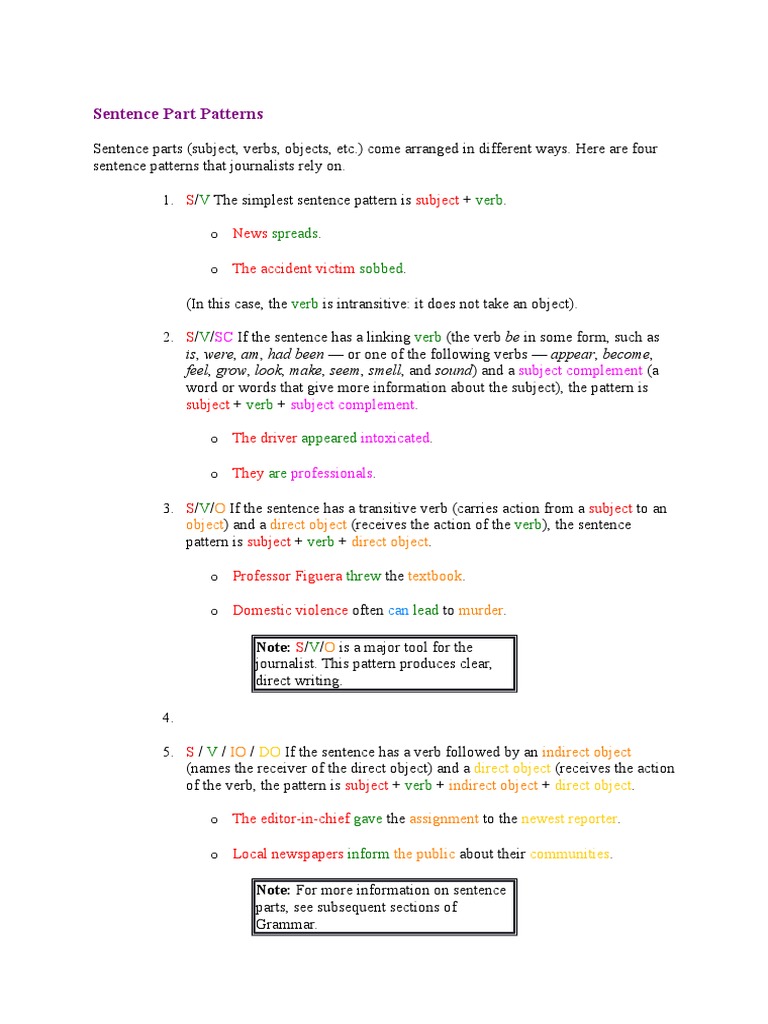 Sentence Part Patterns | PDF | Verb | Subject (Grammar)