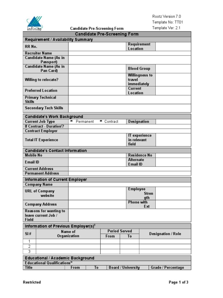 Candidate Pre-Screening Form Template | PDF | Career & Growth