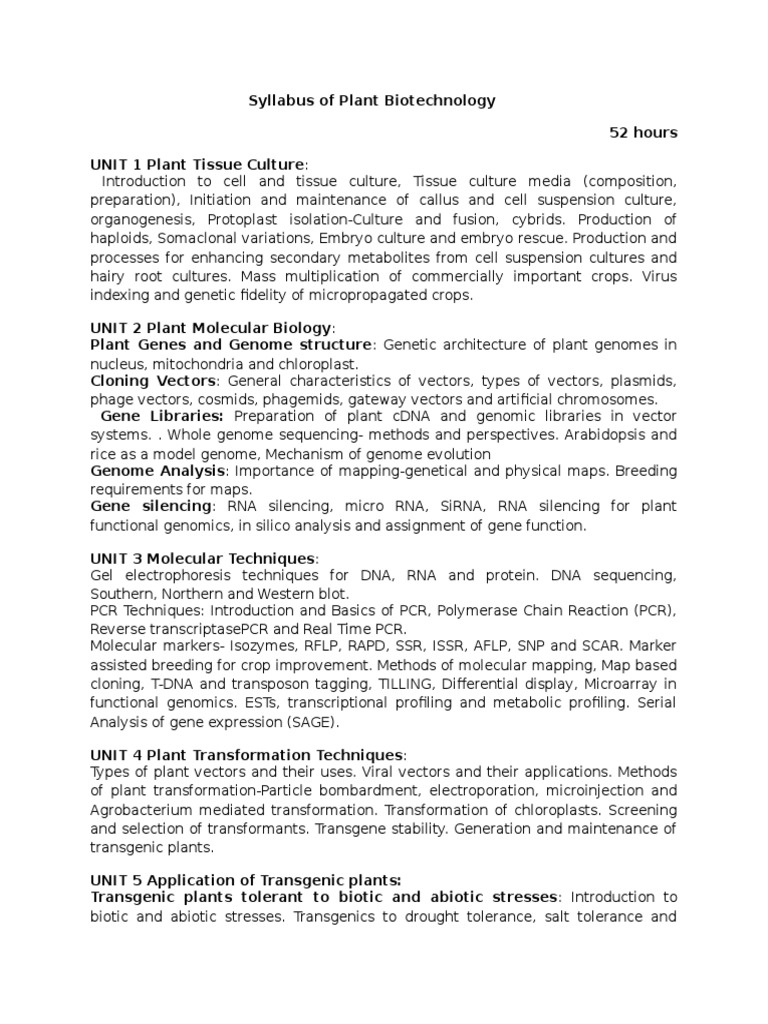 Syllabus of Plant Biotechnology | PDF | Plasmid | Genome