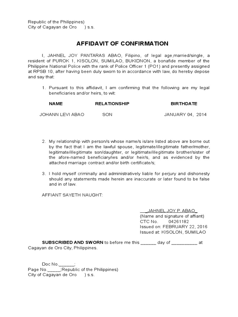 Affidavit of Confirmation-Blank | PDF | Social Science | Law