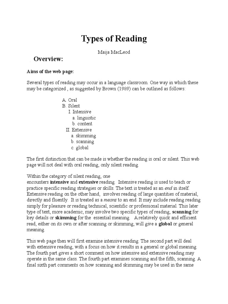 Types of Reading | PDF | Reading (Process) | Speed Reading