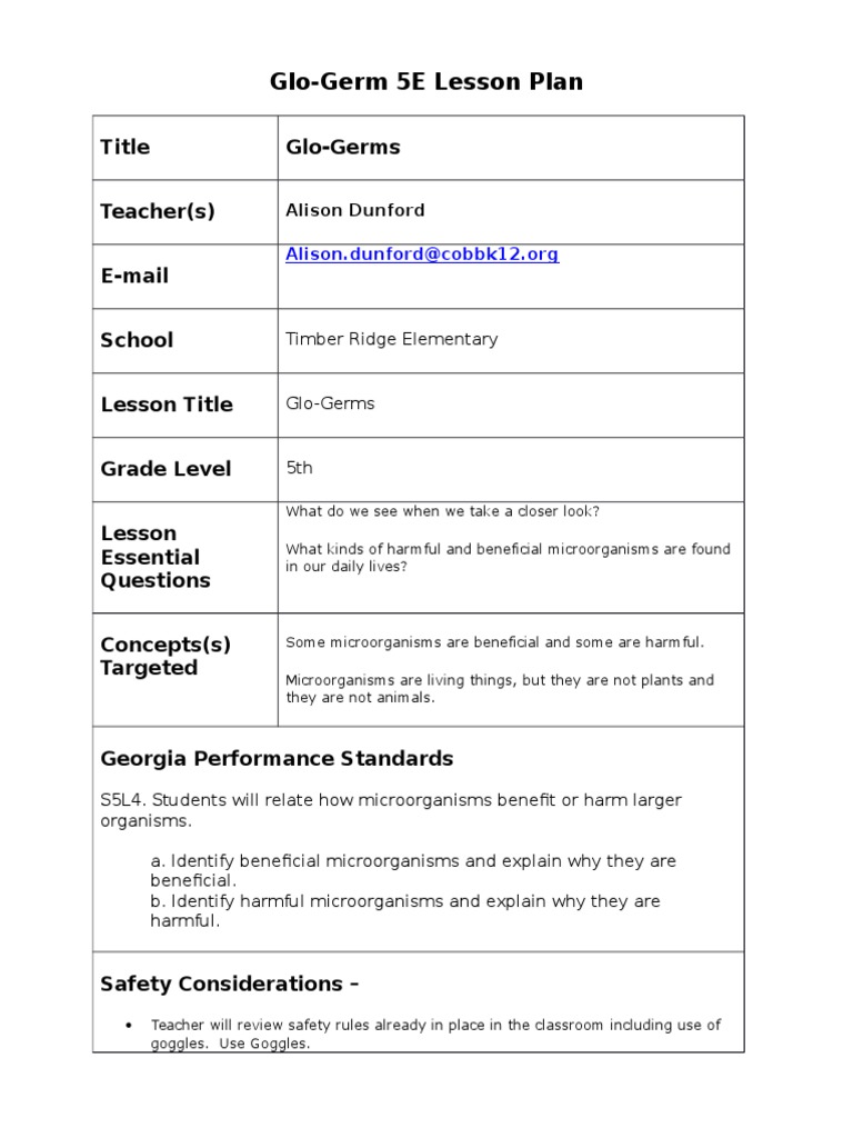 Glo-Germ 5e Lesson Plan | PDF | Lesson Plan | Microorganism