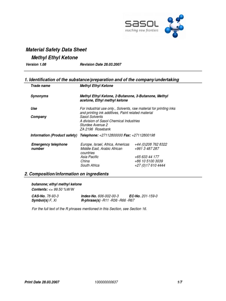 Safety Data Sheet MEK | PDF