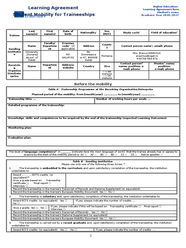 Learning Agreement For Traineeships 2016-2017 | PDF | Academic Degree ...