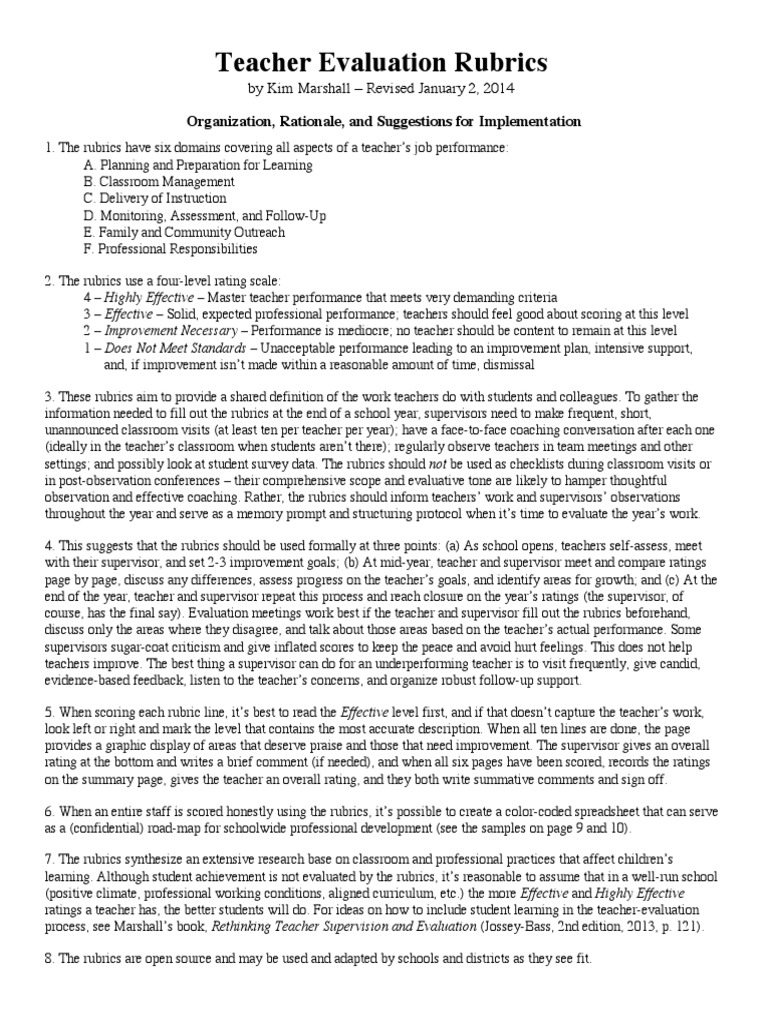 Marshall Teacher Evaluation Rubrics | PDF | Educational Assessment ...